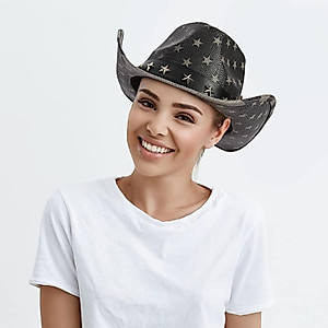 Vamuss Vintage USA American Flag Cowboy Hat w/Western Shape-It Brim (Black-Grey)