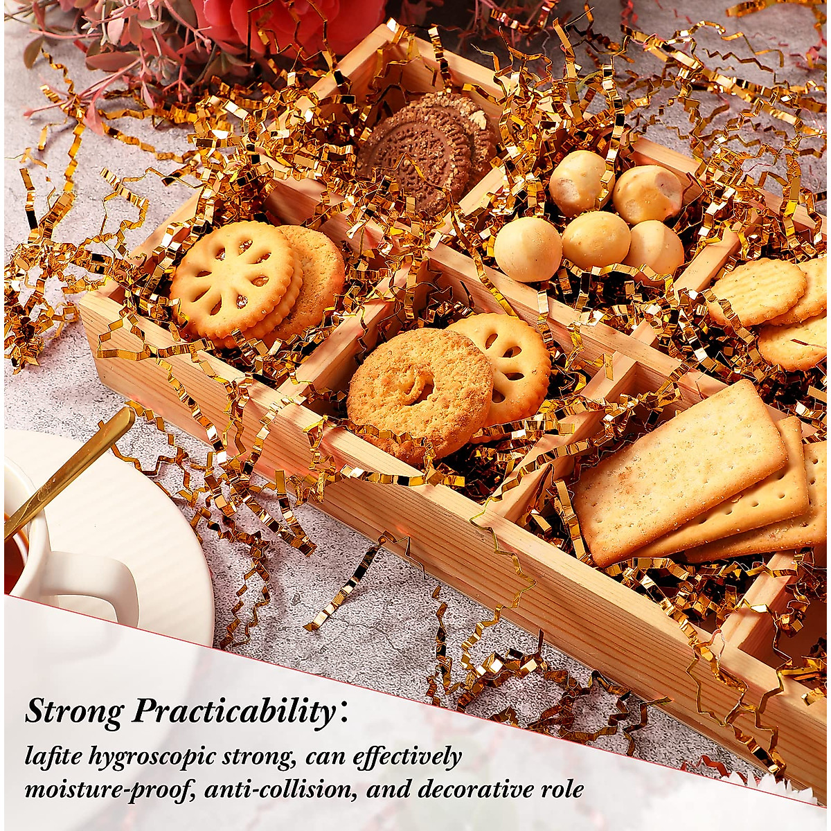 Outus Crinkle Cut Paper Shred Filler Shredded Paper for Gift Box Crinkle Paper Metallic Shredded Crinkle Cut Paper Easter Grass Tissue Paper for Wedding Birthday Wrapping Boxes Bags (Gold, 1 LB)