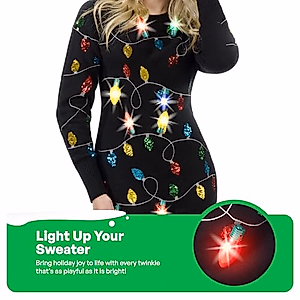 Giggling Getup Women's Black Long Christmas Dress with Colorful Light Up Bulbs, Cute Winter Themed Ugly Sweater, Light Bulb Xmas Dress