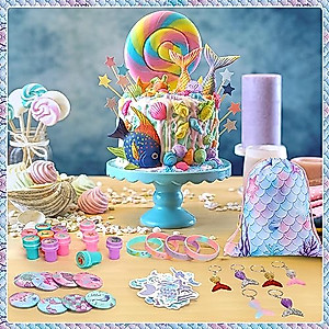 Sasylvia 110 Pcs Mermaid Party Supplies Favors Include Mermaid Silicone Bracelets Button Pins Mermaid Drawstring Bags Stamps Keychains Stickers for Kids Girls Mermaid Theme Birthday Party Supplies