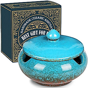 Ceramic Ashtray with Lids Cigar Accessories Outdoor Windproof Ashtrays for Cigarettes Ash Tray Gift for Men Dad Husband Boyfriend Home Ashtrays for Patio, Indoor, Outside, Office Decoration (Blue)