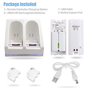 Rechargeable Battery Packs with Charger for Wii & Wii U Remote Controller,Montion Plus Controller(Dual Remote Charging Station Dock + 2 Pack 2800mAh Wii Replacement Batteries + USB Cable)