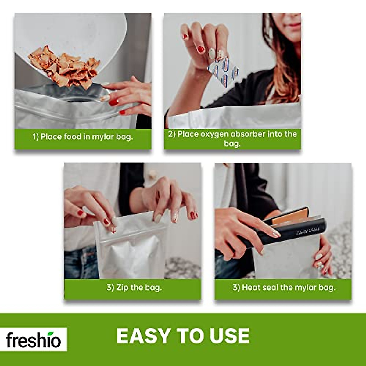 Freshio 10 Mil Extra thick Resealable Mylar Bags for Food Storage - Pack of 100 Mylar bags with oxygen absorbers 300 cc & Labels - 1 Gallon (25 pcs) - 1 Quart (35 pcs) - 1 Pint (40 pcs).