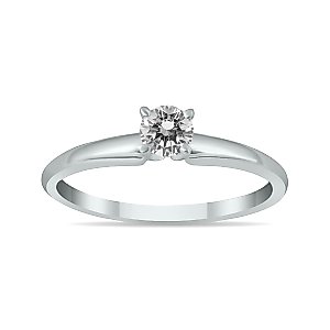 SZUL 1/10 Carat Round Diamond Solitaire Ring in 14K White Gold
