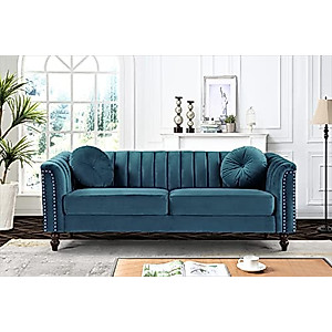 Container Furniture Direct Tufted Velvet Sofa with Removable Cushions and Turned Wood Legs, Elegant Living Room Furniture for The Modern Home, 75.2 Inch Couch, Blue Green
