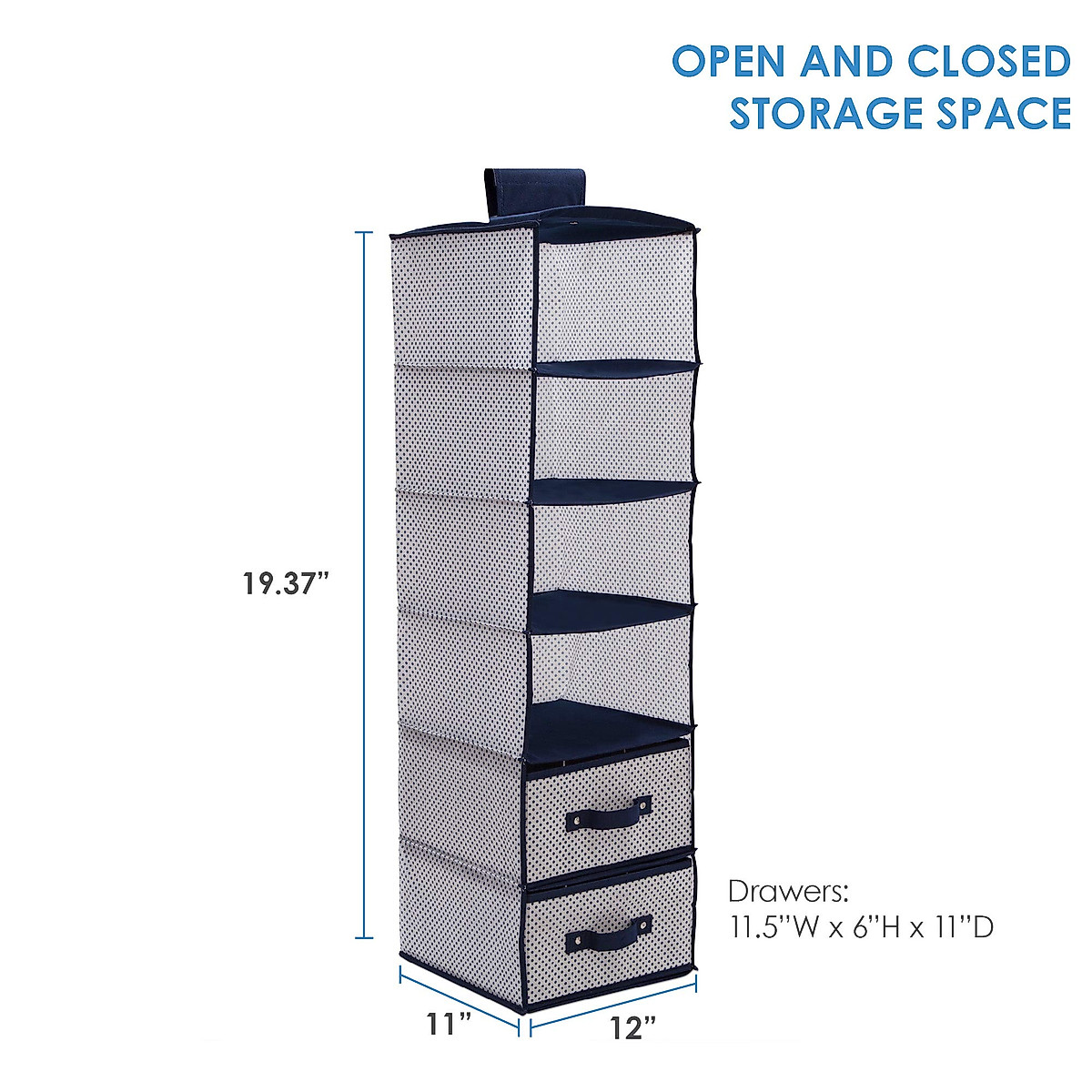 Delta Children 6 Shelf Hanging Wall Storage with 2 Drawers - Easy Storage/Organization Solution- Holds Sweaters, Shirts, Pants, Accessories & More - Movable Drawers Allow for Customization, Navy