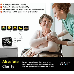 Véfaîî Digital Clock 2.0 with Date and Time for Elderly, 19 Alarms Custom Reminders, Dementia Clock for Seniors, Loud Alarms, Auto DST, Memory Function, Easy to Read (8" Large Black)