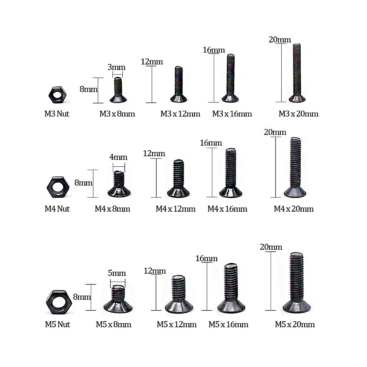 Hilitchi 460-Pcs M3 M4 M5 Hex Socket Flat Head Countersunk Bolts Screw Nut Assortment Kit - 10.9 Grade Alloy Steel