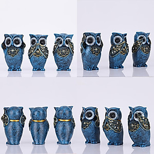 Owl Statue 3 Piece Set, Don't Look, Don't Hear, Don't Tell Owl Decor, Three Wise Owl Figurines for Shelf Decor, Living Room Bedroom Room Decor, Blue and Gold Home Decor