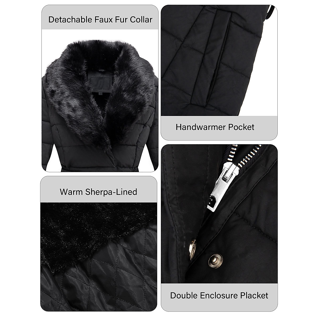 Bellivera Women's Winter Puffer Jacket Cold-resistant patchwork plush lining Coat with Removable Fur Collar Hooded and Belted 5527 BLACK M