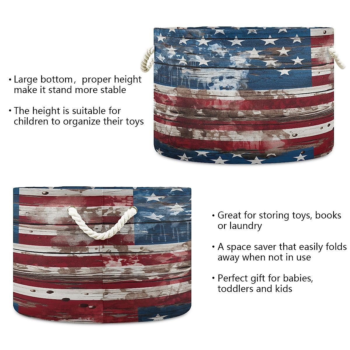 SUABO Wooden Old National Flag Storage Basket Laundry Hamper Canvas Collapsible Storage Organizer Bin with Handle for Clothes Books Playroom Decor