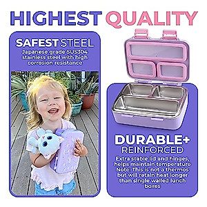 Unicorn Stainless Steel Bento Lunch Box for Toddler Girls, Insulated Lunch Bag Water Bottle Set for Kids. Snack Container for Small Children, Baby Girl, Toddlers Daycare Pre-School Lunches Purple
