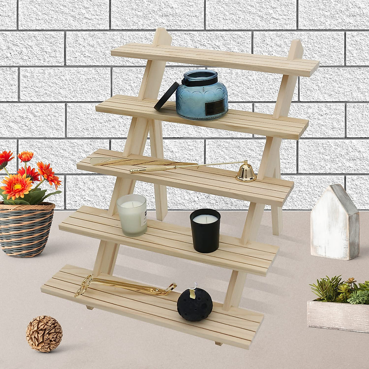 sinyad 101pcs 5-Tier Wood Earring Display Stand, Retail Display Riser Earring, Ring Holder Stand, Removable Countertop Small Merchandise Display Stand with 100 Pcs Earring Card (Wood color)