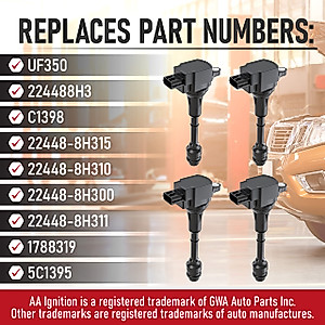 Ignition Coil Pack Set of 4 - Compatible with Nissan Vehicles - 2002, 2003, 2004, 2005, 2006 Altima 2.5L, Sentra 02, 03, 04, 05, 06 - Replaces 224488H300, 224488H315, 22448-8H310, 22448-8H311