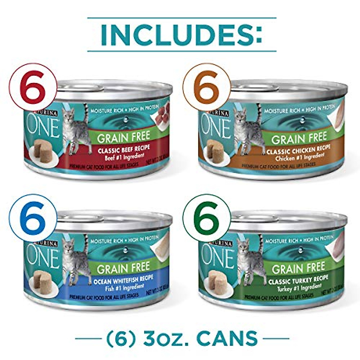 Purina ONE High Protein, Grain Free Pate Wet Cat Food Variety Pack, Grain Free Formula - (24) 3 oz. Cans