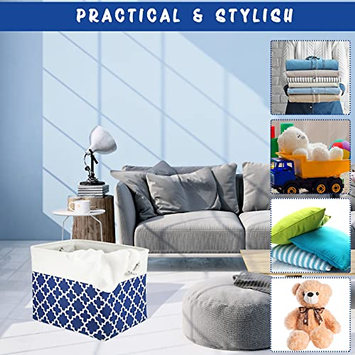 4 Pack Fabric Storage Baskets 16 Inch Large Collapsible Canvas Linen Baskets Rectangle Storage Bins with Handles for Organizing Shelves Linen Closet Organizers (blue Quatrefoil)