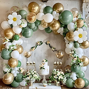 148pcs Sage Green Balloon Garland Arch Kit Gold Confetti Balloons Olive Gree and White Gold Balloons for Birthday Party Wedding Graduation Season Christmas Anniversary Decorations