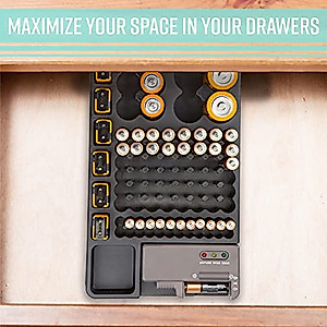 Wall Mounted Battery Organizer with Built-in Tester | Dimensions: 13.8" x 6.9" x 1.7" | Holds 98 Batteries | Wall Mounted | Battery Tester