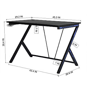 FurnitureR 45.3'' Gaming Desk Black Computer Desk with Cup Holder and Headphone Hook Modern Gamer Workstation Game Table, 45.3 x 29.2 x 30.4 in