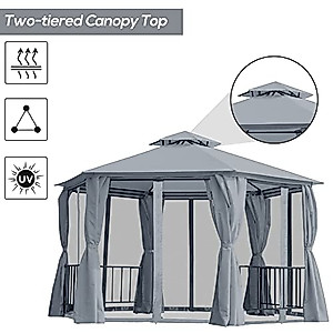 Outsunny 13' x 13' Patio Gazebo, Double Roof Hexagon Outdoor Gazebo Canopy Shelter w/with Netting & Curtains, Solid Steel Frame for Garden, Lawn, Backyard and Deck, Grey