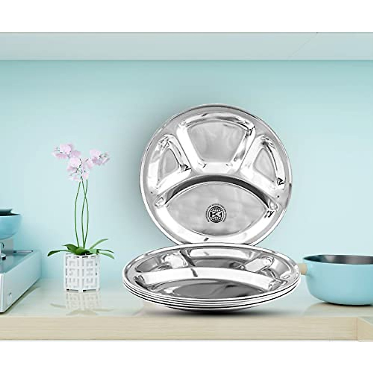 King International Stainless Steel Plates, Divided Indian Dinner Plate,Four Section Round Plates Set Of 4, 12'', Section Control Plate, Kids Plate, Indian Thali Plate