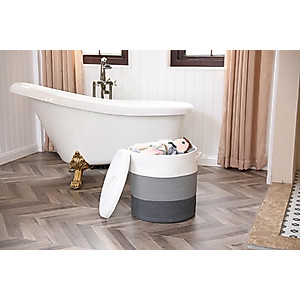 16" x 16" x 18" Extra Large Storage Basket with Lid, Cotton Rope Storage Baskets, Laundry Hamper, Cloth Bin, for Clothes Towels Blankets Pillows Storage in Living Room, Grey/Dark Grey with Cover