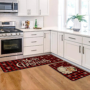 Artoid Mode Buffalo Plaid Snow Santa Claus Christmas Kitchen Rugs Set of 2, Winter Low-Profile Floor Mat Merry Christmas Decorations for Home Kitchen - 17x29 and 17x47 Inch