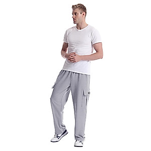 GYMBULLFIGHT Men's Cargo Sweatpants Loose Fit Pants Joggers for Men with Pockets, Open Bottom Drawstring Grey