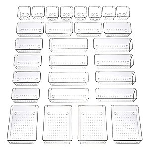 Byomostor 28PCS Clear Plastic Drawers Organizer in 4 Sizes, Ultimate Storage Bins for Bathroom, Vanity, Junk Drawer, Office - Store Makeup, Jewelries, Supplies, and Tools with Ease