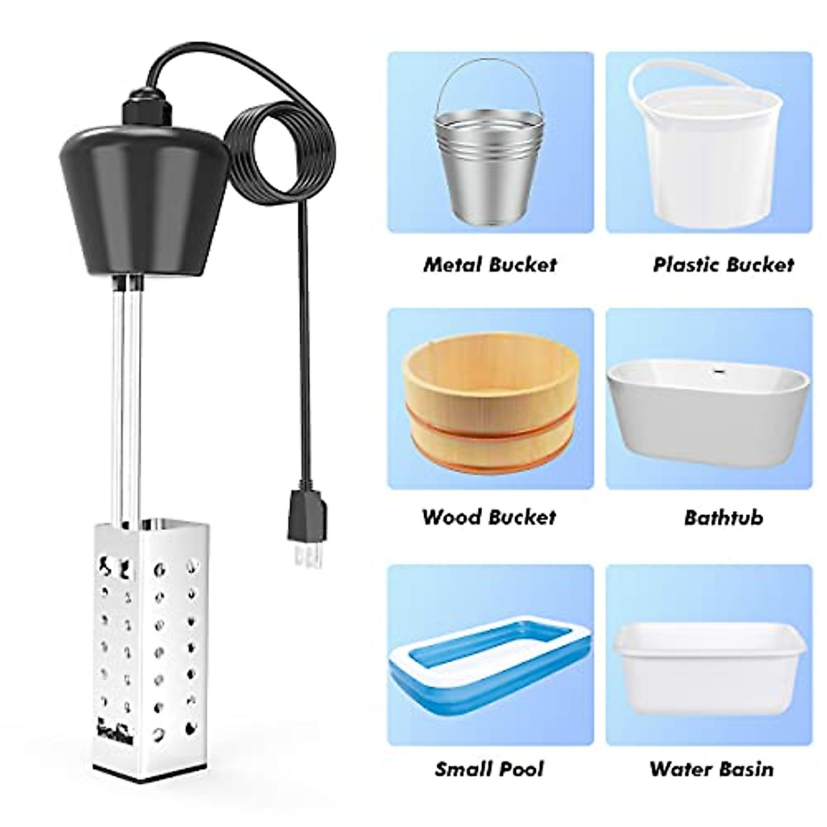 creekeley Electric Immersion Water Heater,1500W Pool Heater with Stainless Steel Guard & Suspension Head, Portable Water Heater for Inflatable Pool, Above Ground Pool Heater,Bathtub S1 silver 2