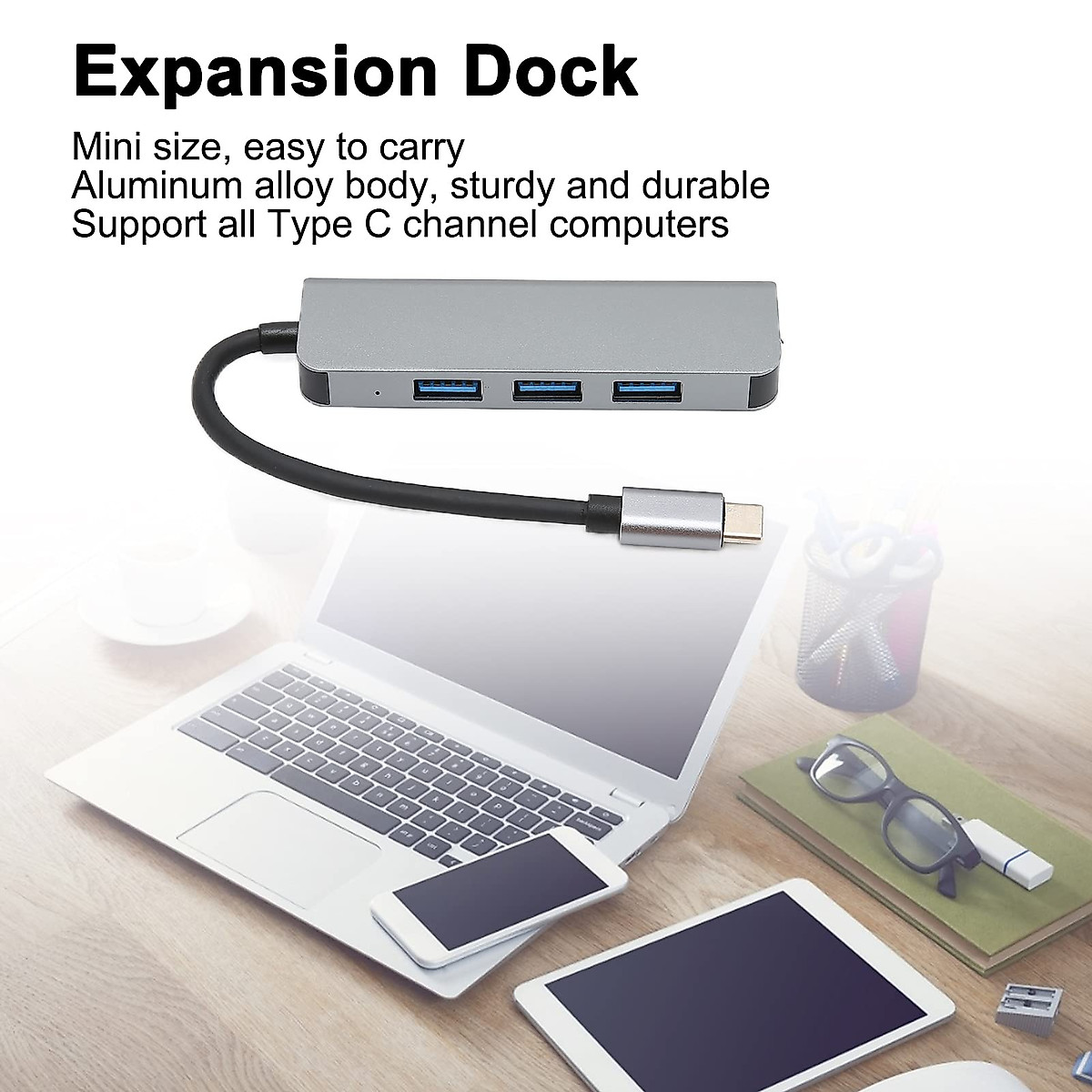 Multi-Port USB Type-C Hub,Mini 4 in 1 Multi Splitter Docking Station for Laptops,3 USB2.0 Ports,1 USB3.0 Port,5Gbps,Connect Mouse/Keyboard/Camera/Card Reader/Disk