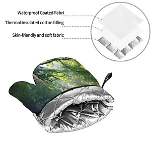 Heat Resistant Baking Gloves Cooking Hot Pads- 4 Piece Oven Mitts and Pot Holders Sets (Rainforest Stones Trees Sun Rays Theme)