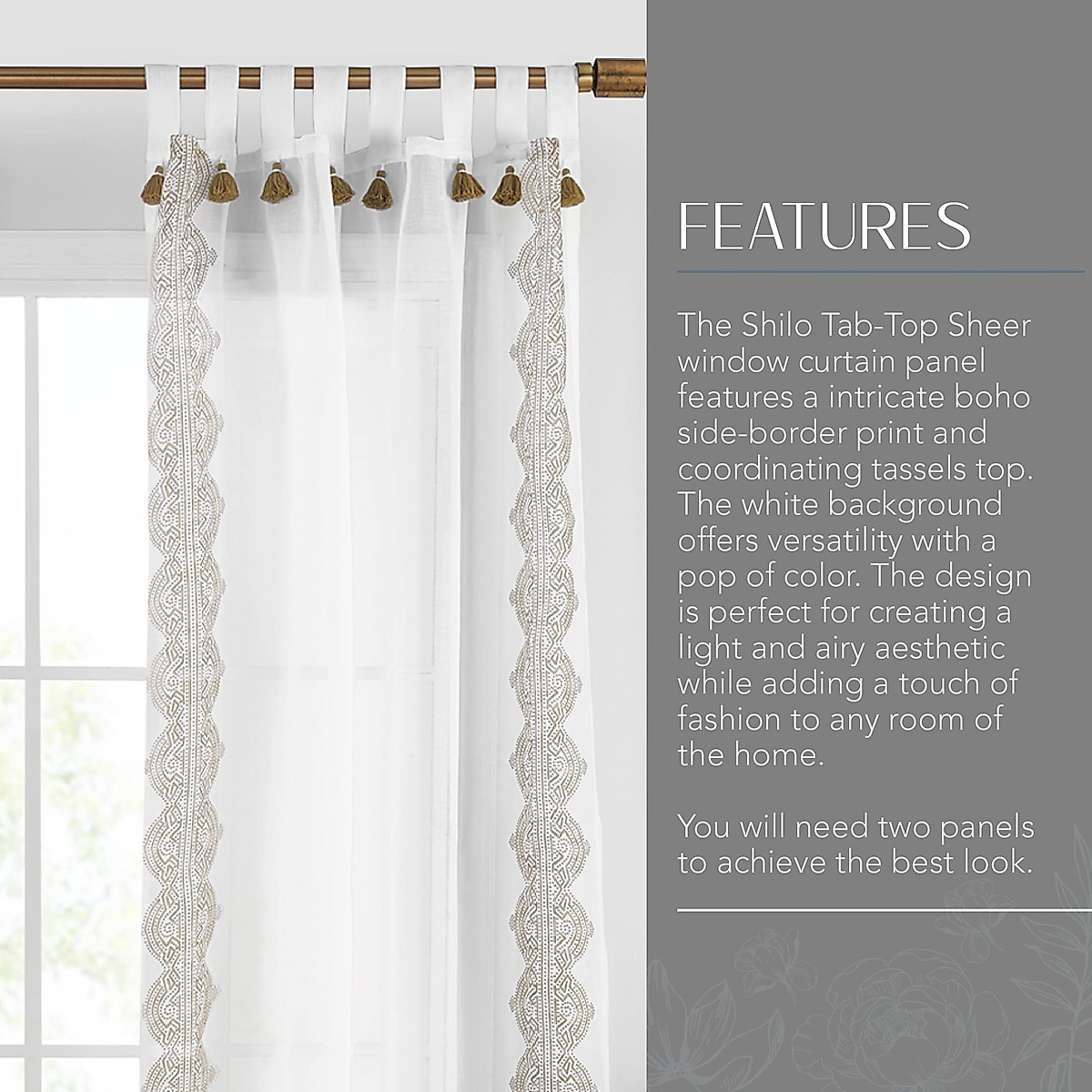 Elrene Home Fashions Shilo Sheer Boho Tab-Top Window Curtain Panel with Tassels, Linen, (52 X 84)