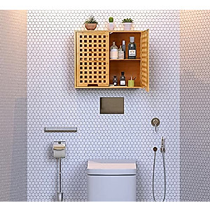 Bathroom Wall Cabinet Wall Mounted Organizer, Medicine Cabinet, Over The Toilet Storage, Bamboo Medicine Cabinets with Doors and Shelves, Wall Storage for Bathroom Kitchen Living Room (New Version)