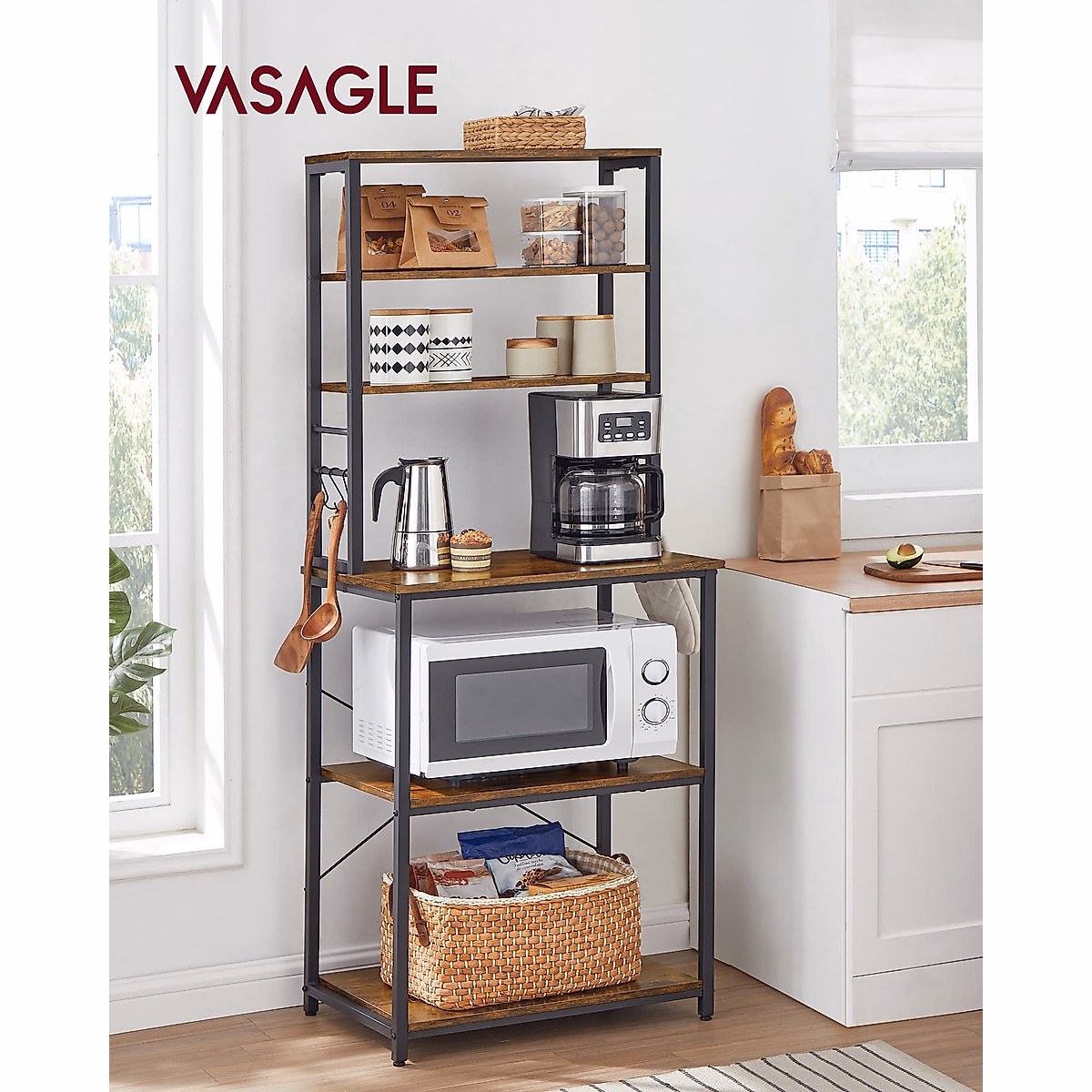 VASAGLE Coffee Bar, Baker’s Rack for Kitchen with Storage, 6-Tier Kitchen Shelves with 6 Hooks, Microwave Stand, Industrial, 15.7 x 23.6 x 65.7 Inches, Rustic Brown and Black UKKS024B01