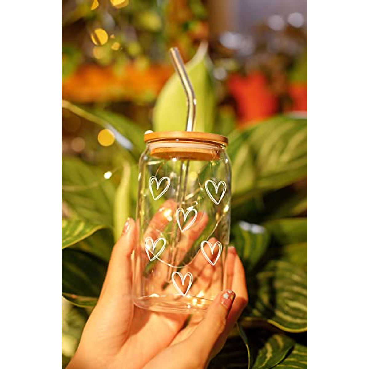 NewEleven Cute Glass Coffee Cups With Lids And Straw – Aesthetic Cups – Iced Coffee Cup, Coffee Tumbler, Glass Tumbler – Christmas Gifts For Women, Coffee Lover - 16 Oz Coffee Glass