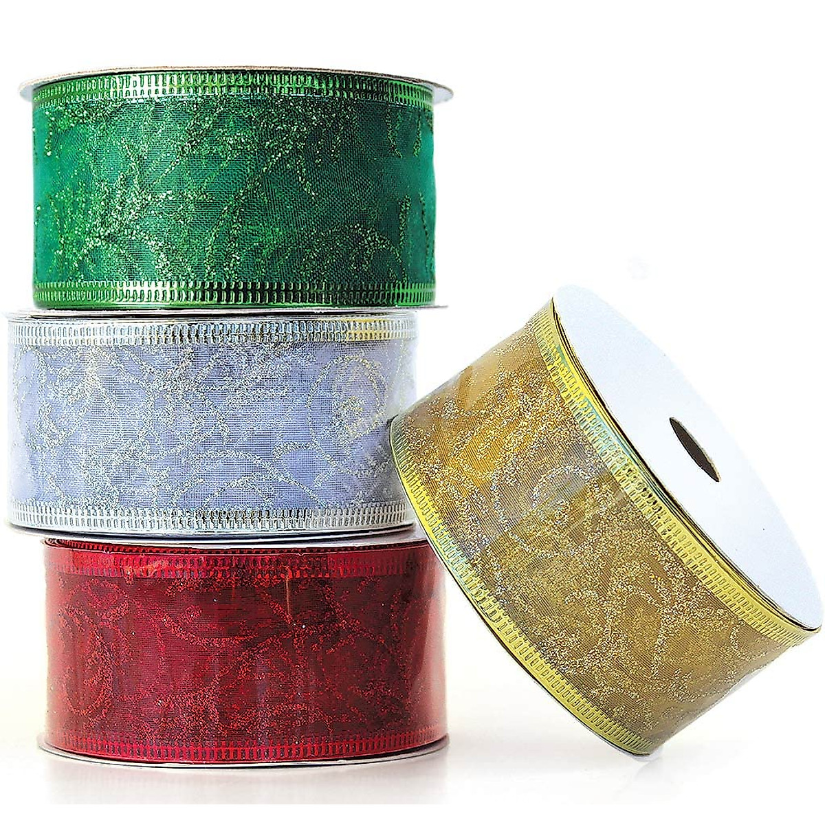 Christmas Ribbon Wired 1.5 Inch Set of 4 Ribbon Wire Red, Green, Gold, Silver/White Sheer Organza Glitter Gift, Xmas Ribbons Decoration, Holiday Craft, Gifts Wrap 40 Yards / 10 Yard Ea. Roll