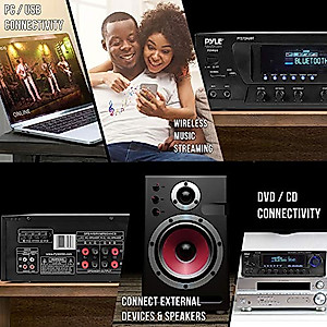 Pyle PT272AUBT - Wireless Bluetooth Audio Power Amplifier - 300W 4 Channel Home Theater Stereo Receiver with USB, AM FM, 2 Mic IN with Echo, RCA, LED, Speaker Selector - For Studio, Home Use, black