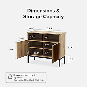 mopio Norwin Storage Cabinet, Modern Industrial Farmhouse Entryway Accent Buffet Cabinet, Sideboard, with Metal Legs, Storage Shelves, Fluted Panel Doors, & Leveler, for Living Room, Bedroom, Oak