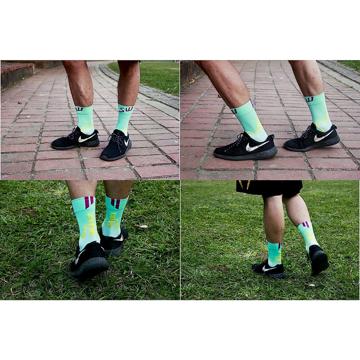 Swish Race Road Cyclocross Mountain Gravel Bicycle Bike Sports Cycling Socks Cooling Fibers 3-pairs in Black/Green/Blue colors also for Hiking,Jogging,Yoga,Running use (3 packs in each color, L)