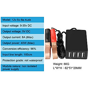 DC Converter with Battery Clip 12V 24V to 5V 8A USB Power Adapter Buck Regulator Charger, 4 Ports Automatically Identify shunt Charging, Suitable for iPhone Android Samsung Galaxy S10 s9 Plus