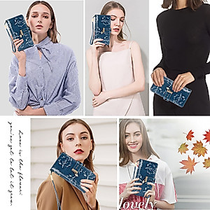 HUANLANG Women Wallets Large Ladies Leather Wallet with Coin Pocket RFID Wallet Organizer for Women with Wrist Strap (Blue Leaf)