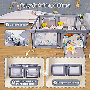 Foldable Baby Playpen, Ronipic Playpen for Babies and Toddlers, Adjustable Shape, Anti-Slip Base, 71"x59" Extra Large Baby Play Yards with Soft Breathable Mesh, Sturdy Baby Fence with Zipper Gate,Gray