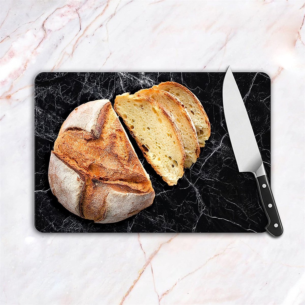 DESTALYA Cutting Board Tempered Glass 11.8’’ x 15.7’’ | Heat Tolerant Shatter Resistant Chopping Board | Black Marble Pattern Decorative Tray for Kitchen (Black L)