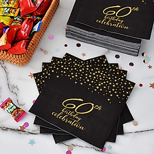 Gatherfun 60th Birthday Party Supplies Disposable Paper Plates Napkins Cups Knives Spoons Forks Tablecloth Banner Number 60 Balloons for Men Woman Black and Gold 60 Birthday Party Decorations Serve 25