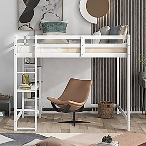 MOEO Full Size Loft Bed with Desk and Shelves, Wooden Style Bedframe for Kids, Adults, Teens,No Box Spring Needed, White