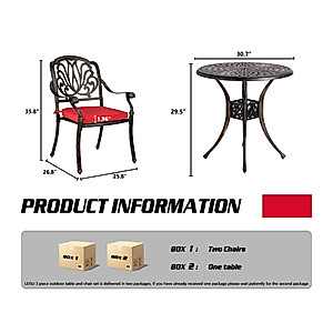 TITIMO 3 Piece Cast Aluminum Patio Dining Set,Outdoor Furniture Bistro Set, All-Weather Cast Aluminum Conversation Set Includes Table and Chairs w/Cushions and Umbrella Hole for Patio Garden (Red)