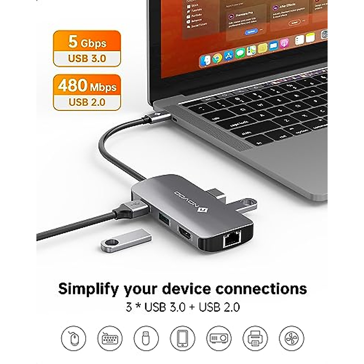 NOVOO USB C Hub Multiport Adapter to 4K HDMI, 1Gbps Ethernet, 100W PD Charging, USB C to USB x 4, 7 in 1 USB C Adapter for M1/M2 MacBook Pro/Air Dell HP Lenovo ASUS Surface