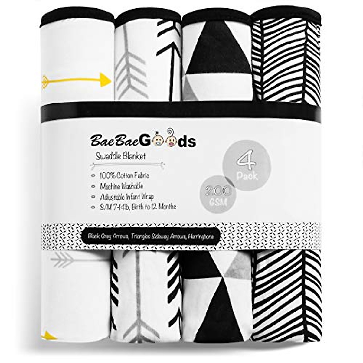 BaeBae Goods Swaddle Blanket, Adjustable Infant Baby Swaddling Wrap Set of 4, Baby Swaddling Wrap Blankets for Boys and Girls Made in Soft Cotton (0-3 Months, Black/Grey Triangles)