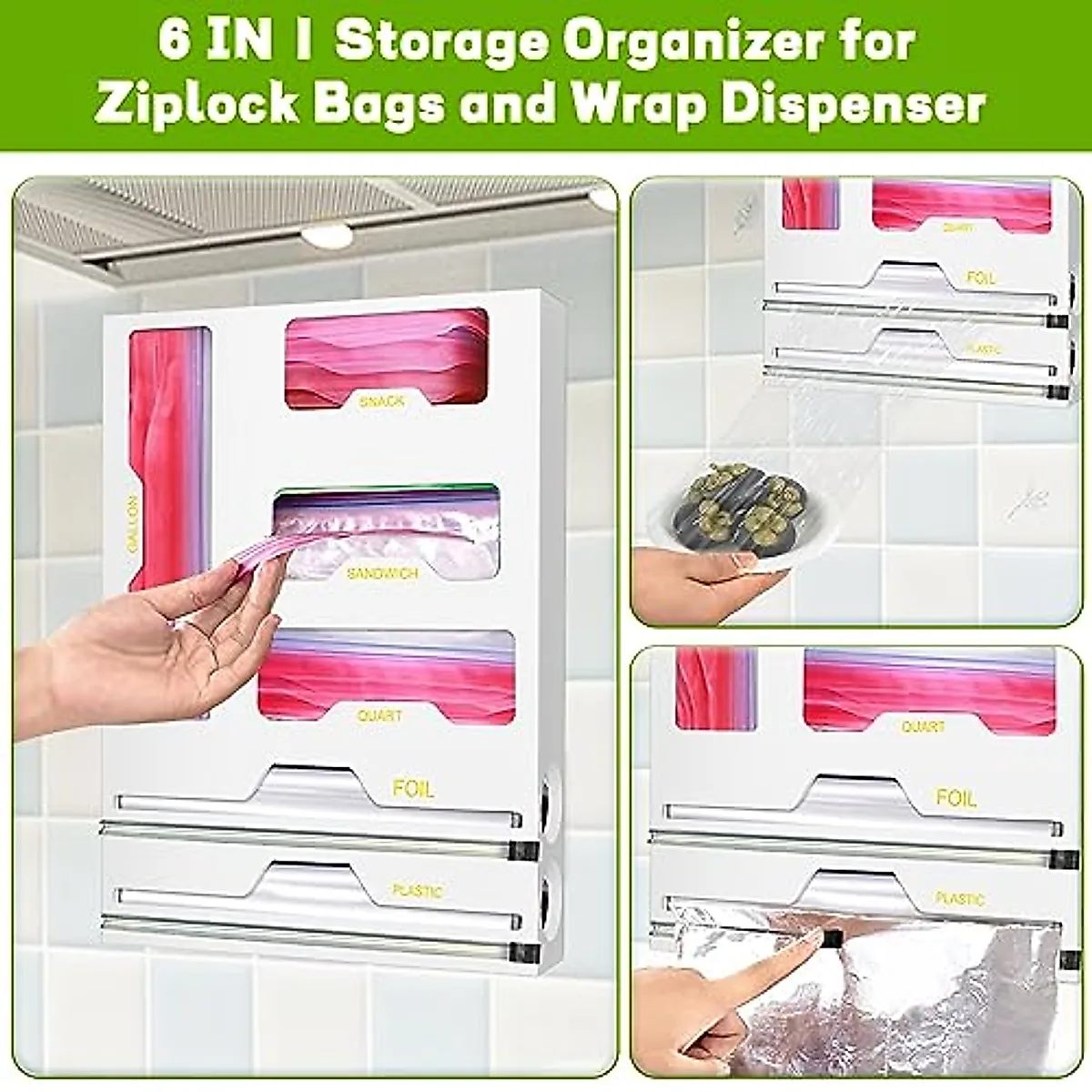 Tclouda Bag Organizer for Ziplock, Foil and Plastic Wrap Organizer, 6 in 1, Bamboo Dispenser with Cutter for Kitchen Drawer and Wall Mounted, Storage for Gallon, Quart, Sandwich, Snack, White